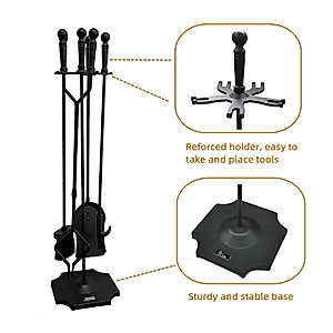 VODA Fireplace Tools Set 5 Pieces 31.5In Cast Iron Indoor Fireside Accessories Large Fire Place Tool Set Outdoor Holder Fire Kit Stand Wood Stove Log Shovel Brush Tong and Fireplace Poker