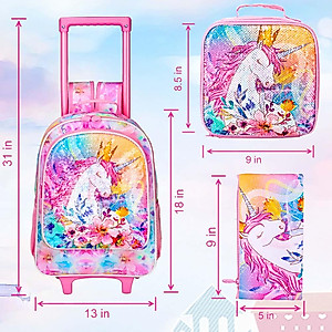 4PCS Rolling Backpack for Girls,Kids Unicorn Bookbag with Roller Wheels, Suitcase School Bag Set for Toddler Elementary