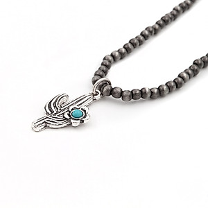 Turquoise Stone Silvertone Prickly Pear Cactus Pendant Faux Navajo Pearl Choker Necklace 12 Inch