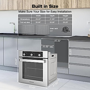 Single Wall Oven, thermomate 24" Built-in Electric Oven with 5 Cooking Functions, 2.79 Cu.ft. Electric Wall Ovens with Stainless Steel Finish, Mechanical Knobs Control, ETL Certified