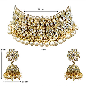 Aheli Elegant Indian Traditional Wedding Wear Kundan Pearl Encrusted Choker Necklace Set with Jhumki Earrings Ethnic Bollywood Party for Women (White)