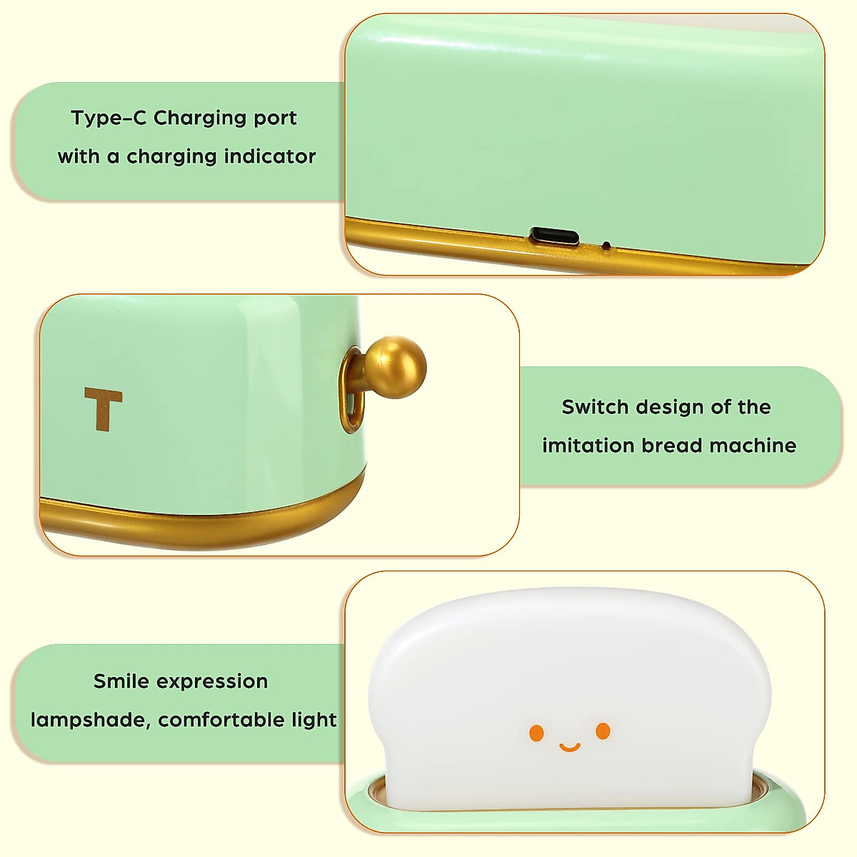 3 Pieces Toast Lamp Cute Night Light USB Cute Desk Small Toast Light LED Dimmable Warm Lamp Toast Night Lamp Bedside Sleep Lamps for Bedroom, Living Room, Desk Decorations