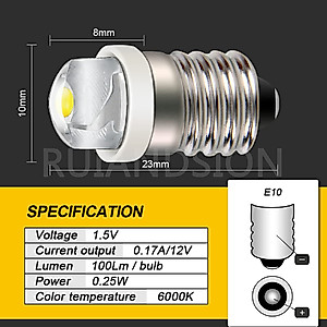 Ruiandsion 2pcs E10 LED Bulb DC 1.5V COB 0.5W 6000K White LED Bulb for Torch light Flashlight Light,Negative Earth