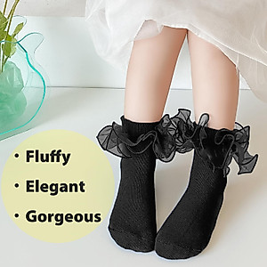 Mini angel Girls Ruffle Socks Frilly Double Lace Socks Cotton Turn Cuff Socks 6-8 Years Pageant Socks for Kids Girls 3 Pairs (Black Set, L)