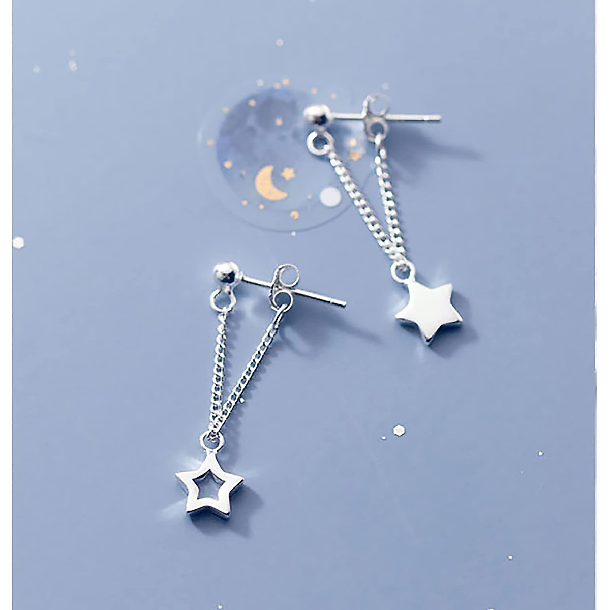 Reffeer Solid 925 Sterling Silver Star Chain Drop Earrings Dangle for Women Small Star Drop Earrings Studs (A-Silver)