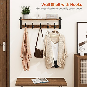 Homode Coat Rack Wall Mount, 29 Inch Long Shelf with Hooks, Wood Entryway Shelf with 5 Hangers for Hanging Hat Jacket Backpack Purse, Rustic Brown Black