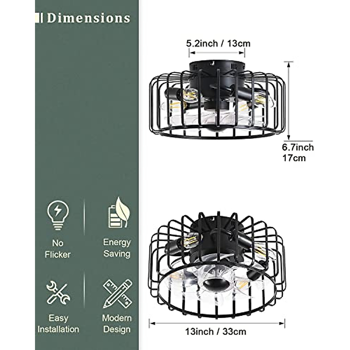 MIAOMEIO 13'' Low Profile Small Flush Mount Farmhouse Industrial Caged Ceiling Fan with Lights, 6 Speed Bladeless Black Ceiling Fan with Remote Control for Living Room, Bedroom, Kitchen (Black)