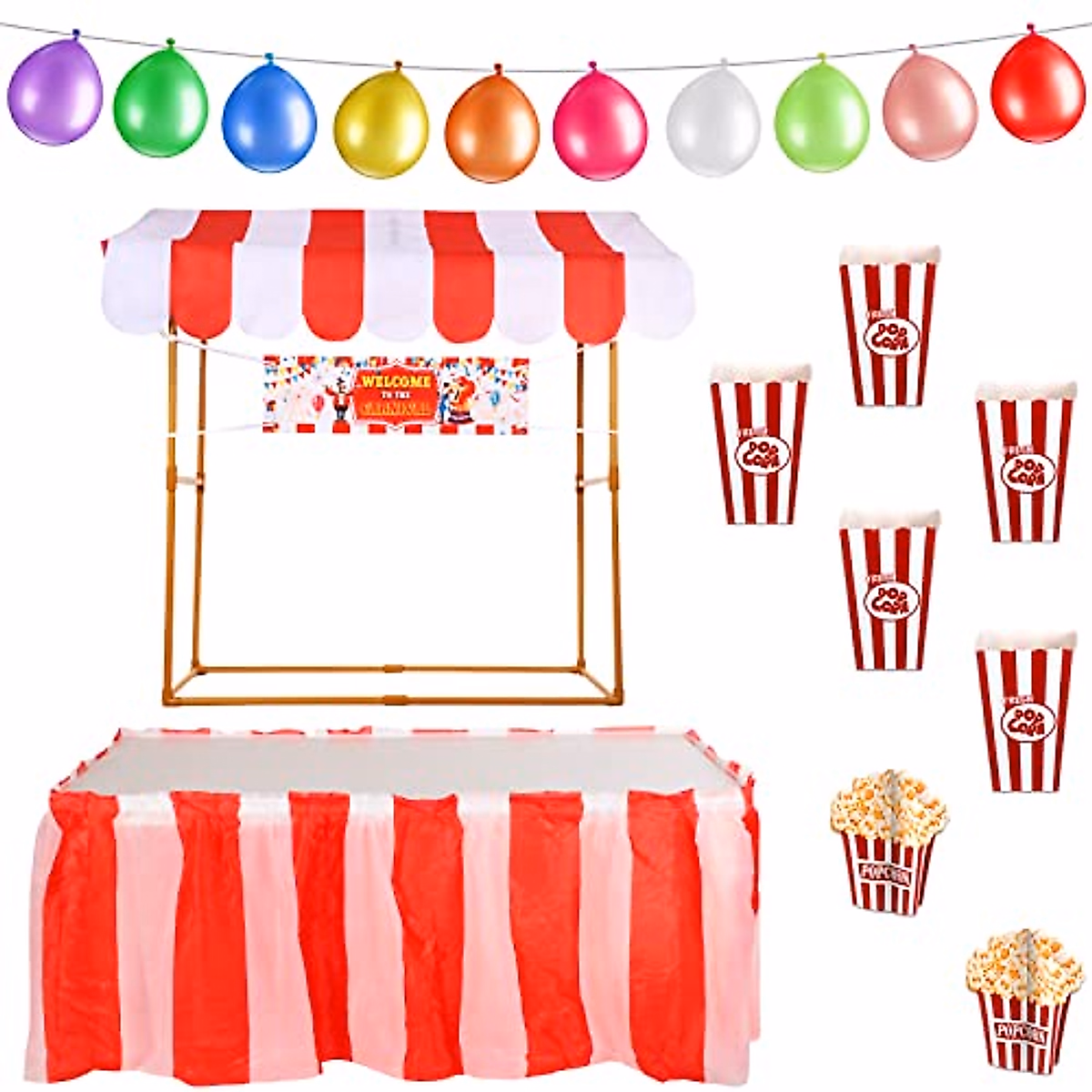 Jutom 45 Pcs Carnival Tabletop Decorating Kit Carnival Circus Concession Stand Decor Red White Striped Table Skirt Welcome to The Carnival Banner Popcorn Boxes Balloon for Carnival Party Decor