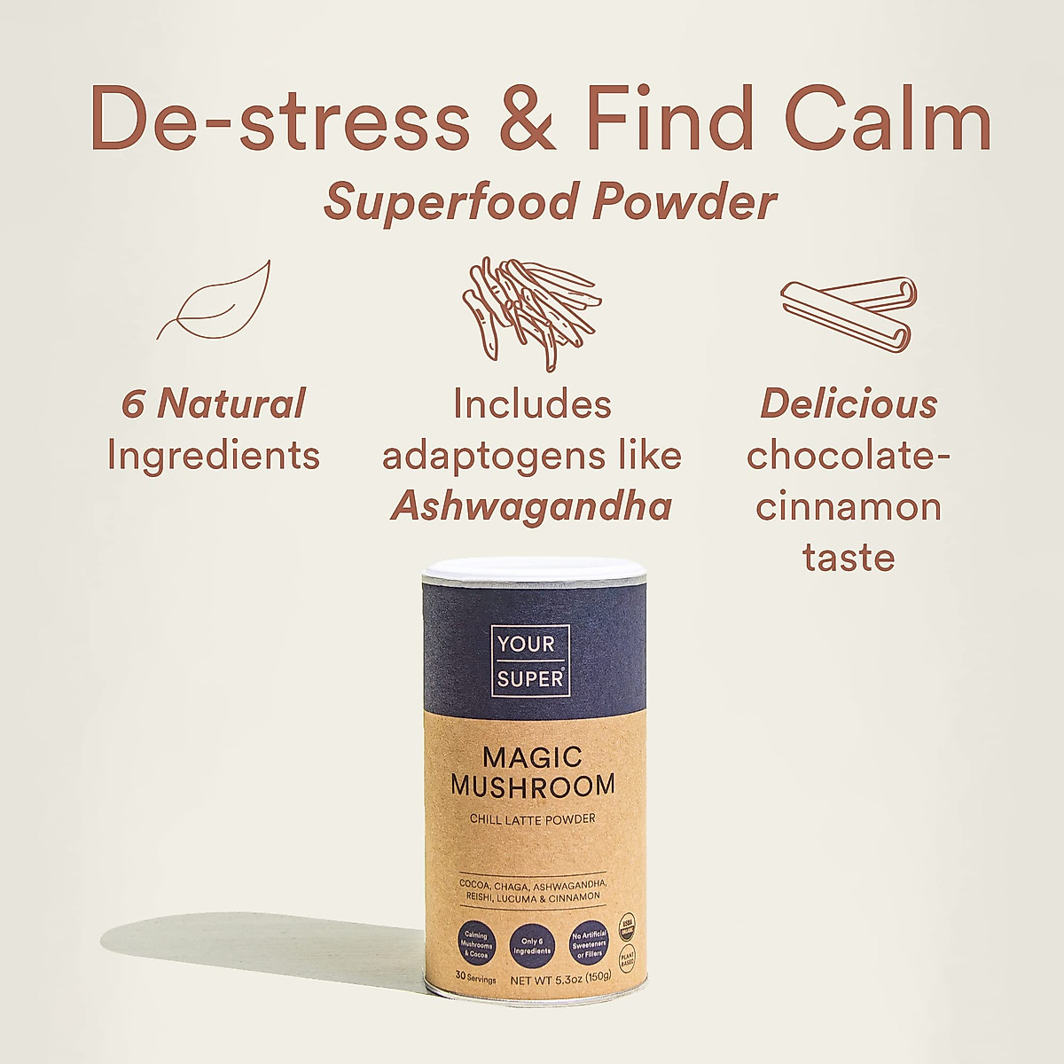 Your Super Magic Mushroom Superfood Powder – Mushroom Supplement for Natural Calm, Brain Health, and Immune Support, Made with Organic Ashwagandha, Lucuma, Reishi, and Chaga Powder (30 Servings)