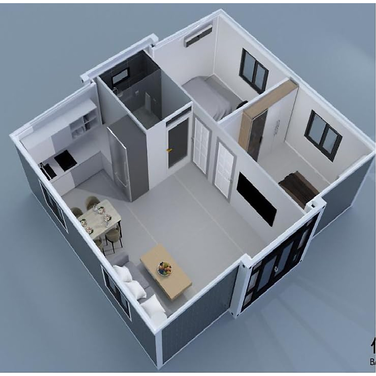 Tiny Expandable Prefab Container House 19x20ft, Mobile Portable Prefab House with Facility of Bedroom, Bathroom/Toilet, Kitchen, Suitable for Home, Workshop, Hotel, Office, Villa, Warehouse