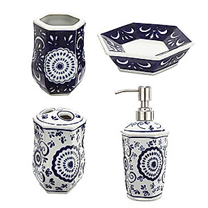 A&B Home 4 Piece Blue & White Ceramic Bathroom Set w/Soap Dispenser Toothbrush Holder Tumbler & Soap Dish