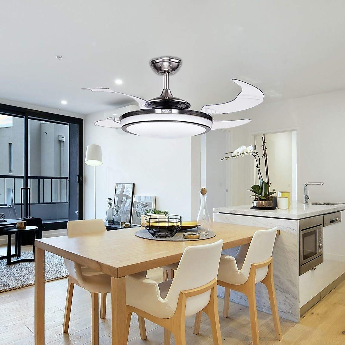 efperfect 48" Ceiling Fan Light Polished Chrome Clear Retractable Blades 3 Color Changes 3 Speeds LED Ceiling Fan with Remote Control for Living Room Bedroom Restaurant Kitchen