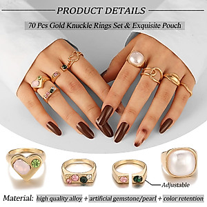 Dodder 70 Pcs Vintage Gold Knuckle Rings Set for Women, Boho Crystal Finger Rings Aesthetic Heart Chunky Ring, Silver Stackable Midi Rings Pack for Gift