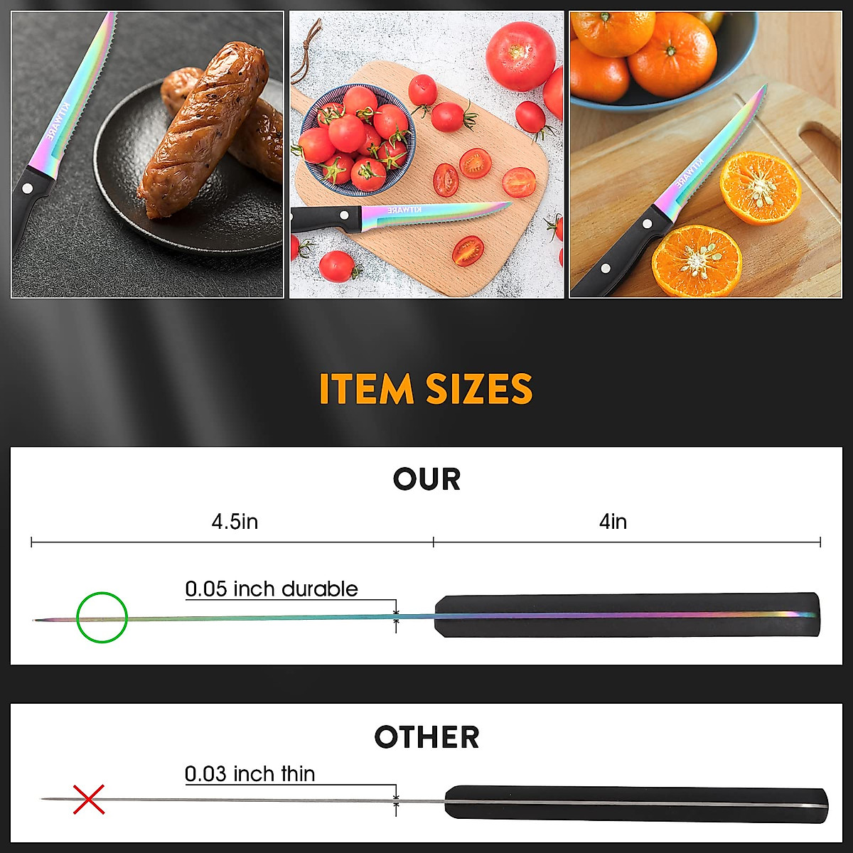 KITWARE Rainbow Steak Knife Set with Gift Box, 6-Piece Sharp Steak Sets of Knives, 4.5 Inch Stainless Steel Black Handle Meat Knifes with Serrated Egdes, Knife for Bread, Butter and Pork