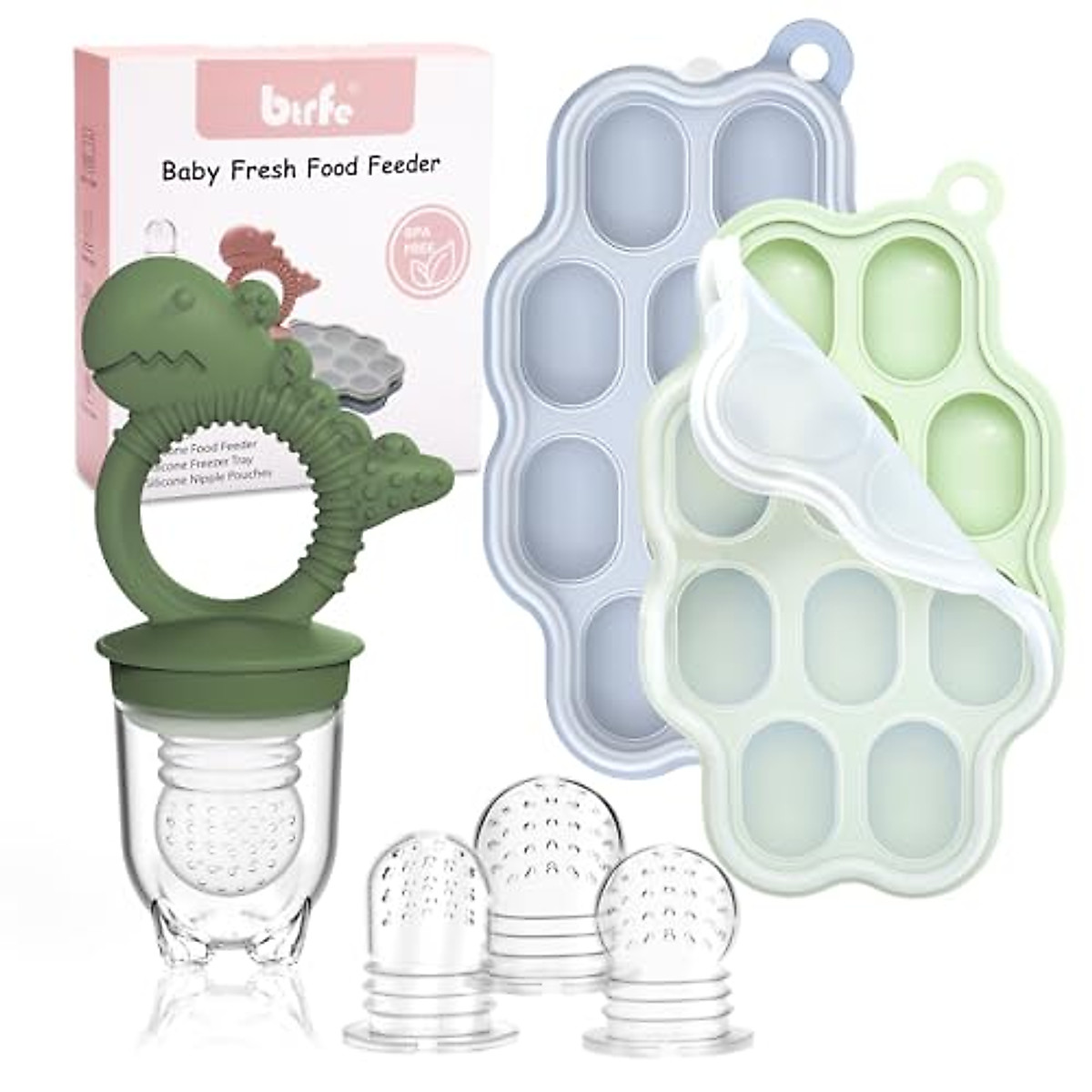 btrfe Silicone Breastmilk Popsicle Molds with Baby Fruit Feeder Combo, Baby Food Storage Freezer Tray & Mesh Feeder Pacifier for Teething 4 Month+