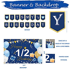 111 PCs Half Birthday Decorations Baby Boy, Fiesec 6 Months Birthday Decorations Boy Happy 1/2 Birthday Backdrop Balloon Garland Its My 1/2 Birthday Banner Cake Cupcake Topper Tie Crown Poster Blue