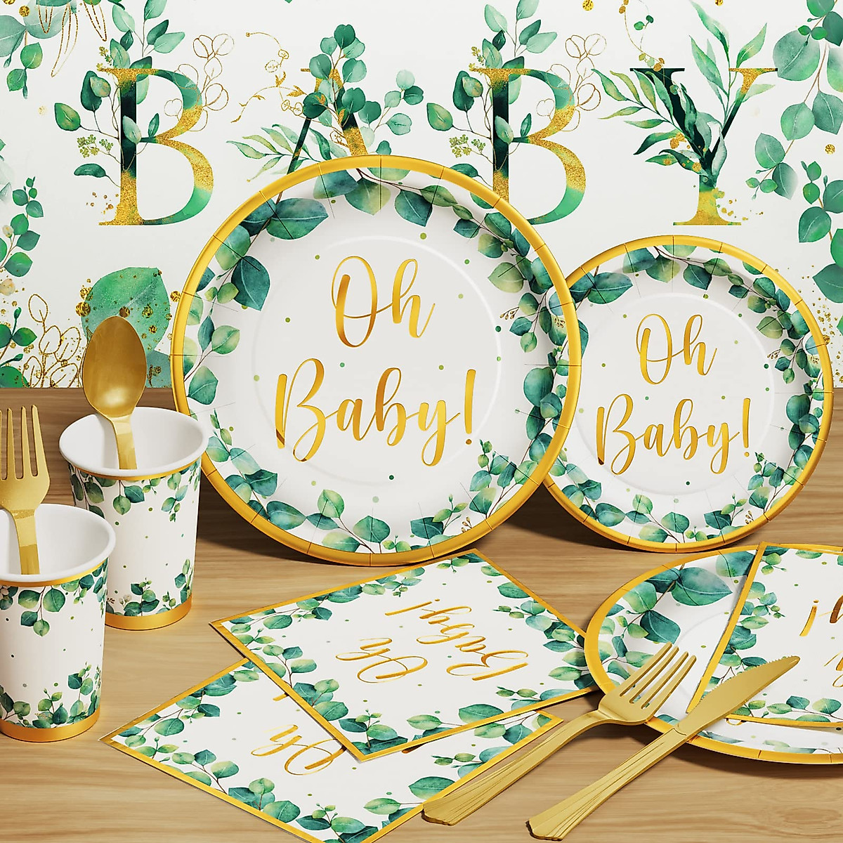 Ecomore Sage Greenery Baby Shower Party Supplies - 175 PCS Boho Neutral Disposable Dinnerware Set (25 Guest) with OH Baby Paper Plates Napkins Cup Plastic Fork Knives Spoon for Boy Girl Birthday Party
