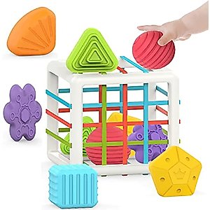 MINGKIDS Montessori Toys for 1 Year Old,Baby Sorter Toy Colorful Cube and 6 Pcs Multi Sensory Shape,Developmental Learning Toys for Girls Boys Easter Gifts,Baby Toys 6-12-18 Months