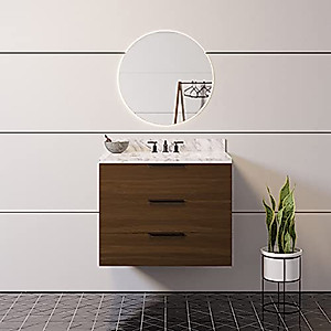 Kitchen Bath Collection Oslo 30-inch Floating Bathroom Vanity (Carrara/Walnut): Includes Walnut Cabinet with Authentic Italian Carrara Marble Countertop and White Ceramic Sink