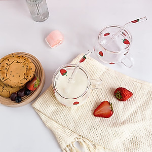 Kreapa strawberry glass cup 2 Sets cute strawberry Clear Glass Mug with Lid and Straw. Strawberry cups with cute strawberry roller stuff pattern decor glass bottle for Juice water milk coffee tea