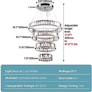 YPQXYHDA Modern Crystal Chandelier LED Pendant Light 4 Ring Chandelier LED Crystal Chandeliers for Dining Room Bedroom Living Room Dia 7.9"-11.8"-15.7"-19.7"