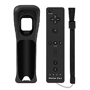 Wii Controller, 2 in 1 Wii Remote Controller with Motion Plus for Nintendo Wii and Wii U, Wireless Wii Game Controller with Silicone Case and Wrist Strap (Black)