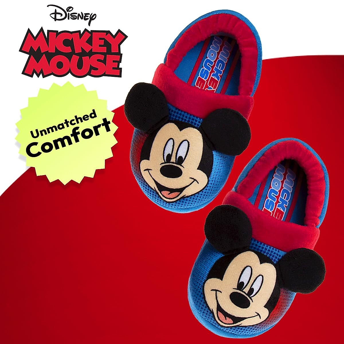 Disney Mickey Mouse Boys Slippers - Plush Lightweight Warm Comfort Soft Aline House Kids Shoes Slippers - Blue/Red (size 7-8 Toddler)