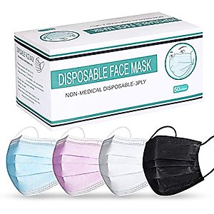 Tomorotec Disposable Face Masks (Pack of 50, Assorted 4 Colors)