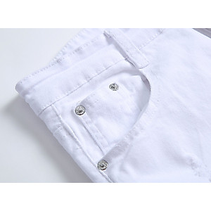 Men's White Skinny Slim Fit Ripped Distressed Destroyed Stretch Jeans Pants,White,34W