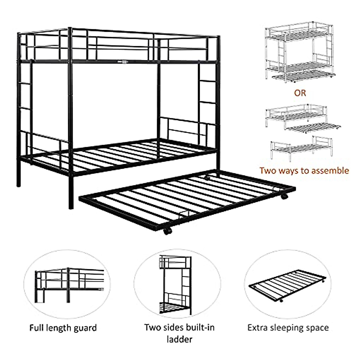 Metal Bunk Bed with Trundle Twin Over Twin Modern Bunk Beds with Slats Heavy Duty Bunkbed Frame for Adults,Teens,Boys and Girls. (Black)