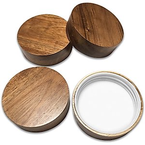 Kitchen Charisma Wooden 4 Mason Jar Lids Wide Mouth (Acacia Wood) - Custom Molded Screw Top Mason Jar Lid Set Storage Lids for Ball Jars Only