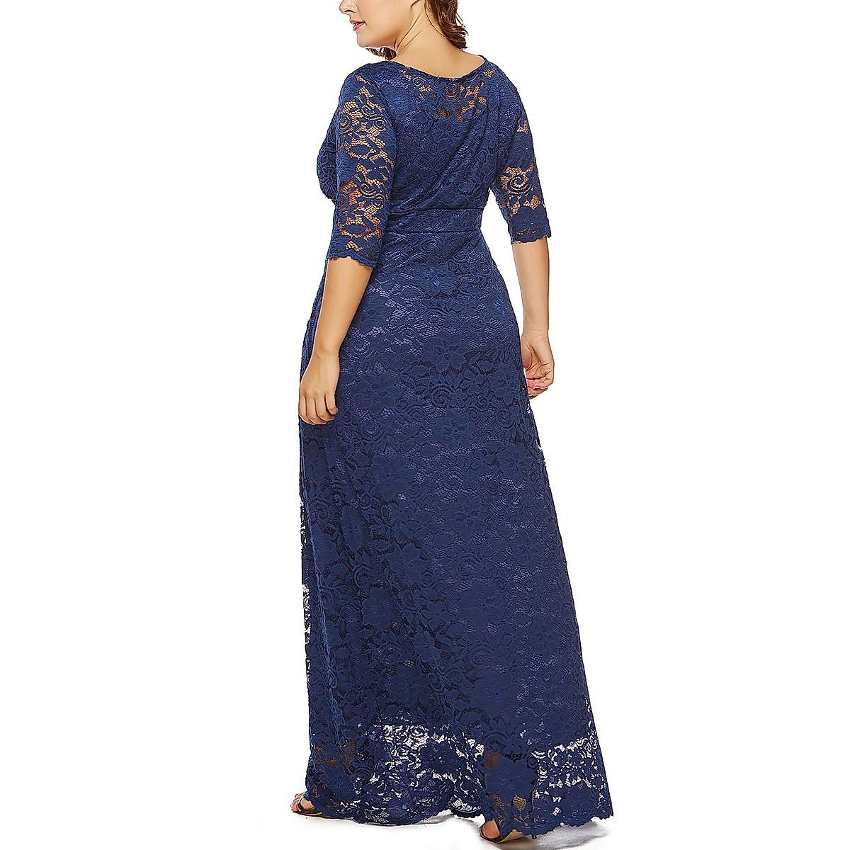 Eternatastic Womens Floral Lace 2/3 Sleeves Maxi Dress Evening Party Long Dress 4XL Deep Blue