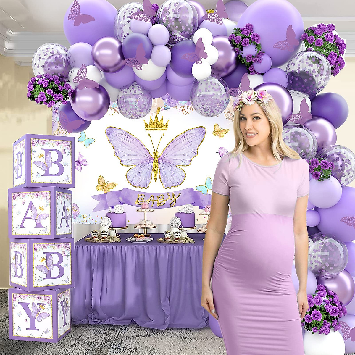 Purple Butterfly Baby Shower Decorations for Girl，Purple Balloon Garland Arch Kit，Purple Butterfly Baby Boxes and Butterfly Backdrop Kit for Baby Shower Butterfly Birthday Lavender Party Decorations