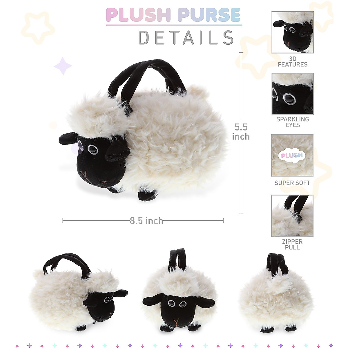 DolliBu Black Nose Sheep Plush Handbag - Super Soft Plush Stuffed Animal Purse for Children's Accessories, Kids Hand Bag Toy Purse for Girls & Boys