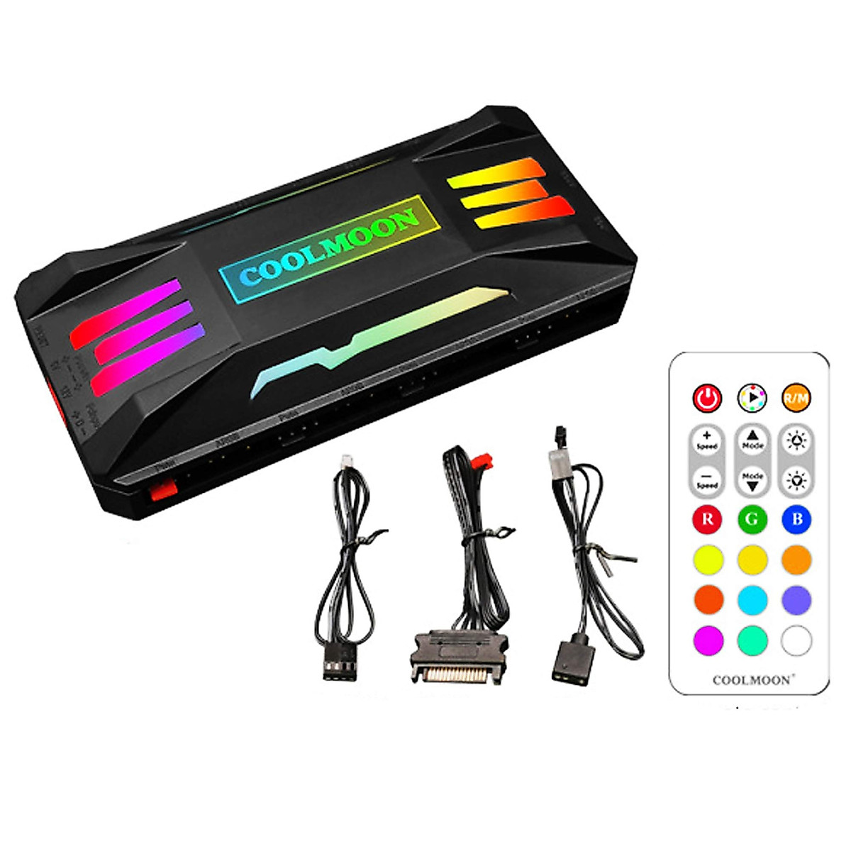 KLLsmDesign Pwm Fan Temperature Controller Integrator, Remote Control Computer RGB Light Adapter, 8 * 4 Pin Fan Speed Controller Ports, 10 * 5v 3pin A-RGB Ports with Magnet （Black）