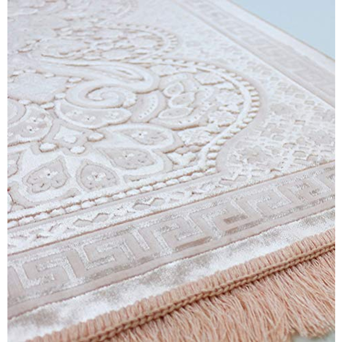 Modefa Velvet Prayer Rug - Soft Plush Turkish Janamaz Sajada Carpet for Men and Women - Plain Solid Prayer Mat Ramadan Eid Gift - with Prayer Beads - Floral Luxury Paisley (Blush Pink)
