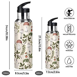 Kigai Mushroom Pattern Stainless Steel Sports Water Bottle BPA-Free Vacuum Insulated Leakproof Wide Mouth Flask with Straw Lid Keeps Liquids Cold or Hot for Gym Travel Camping