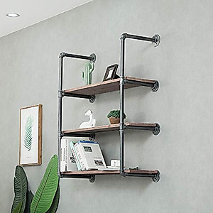 FODUE Industrial Wall Mount Iron Pipe Shelf Shelves Shelving Bracket Vintage Retro Black DIY Open Bookshelf DIY Storage Office Room Kitchen (3 Tier)