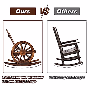 Spurgehom Outdoor Wood Rocking Chair, Wagon Wheel Decor Armrest Yard Glider Rocking Patio Chair with Slatted Design, Adirondack Rocking Chair for Porch Lawn Garden Balcony Poolside, Brown