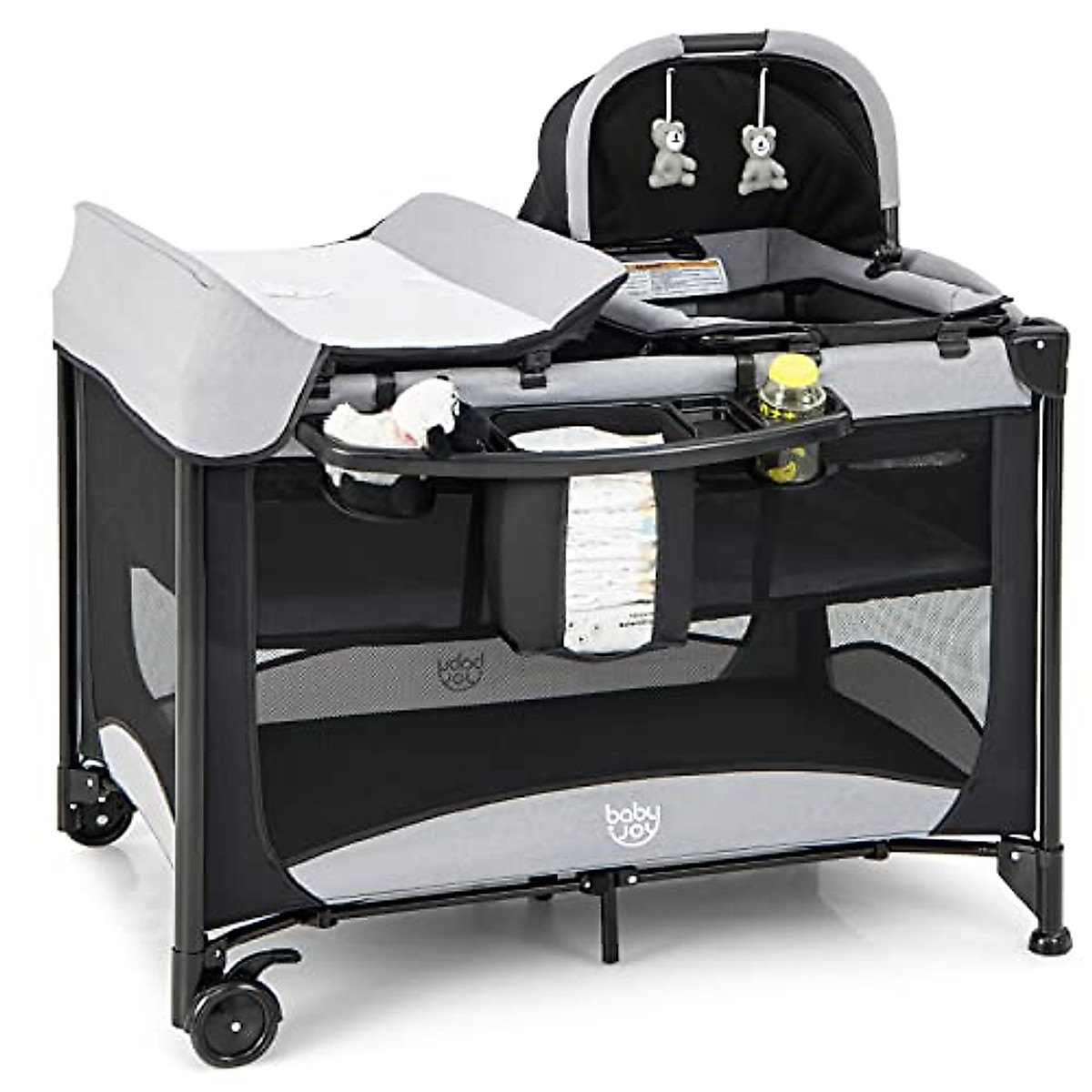 BABY JOY 4 in 1 Pack and Play, Portable Baby Playard with Bassinet & Diaper Changing Table, Infant Bassinet Baby Crib Activity Center with Toys & Oxford Bag from Newborn to Toddlers (Dark, Classic)