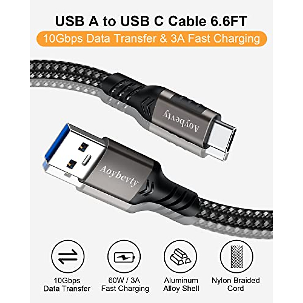 USB A to USB C Cable 6.6ft, 10Gbps Data Transfer and 60W 3A Fast Charging Cable, USB C 3.1/3.2 Cable for Android Auto Samsung S21/S20/S10/Note 20, iPad Pro, Sony XZ, LG Other Type-C Devices