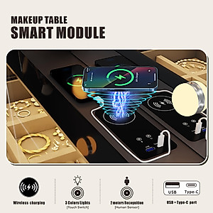 FREDEES Makeup Vanity with Lights-Vanity Desk with 10 Light Bulbs&3 Color Lighting Modes-Black Vanity Desk with Storage Dresser-Makeup Table with Mirror and Chair-Dressing Table with Glam Glass Top