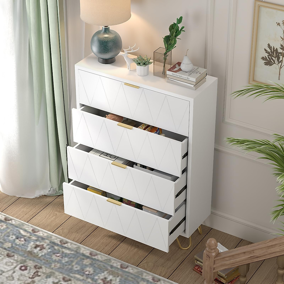 ERGOMORE 4 Drawer Dresser for Bedroom, Wooden Dressers & Chests of Drawers, Large Storage Drawer Cabinet, Modern Design Drawer Dresser for Bedroom, Hallway, Living Room, White