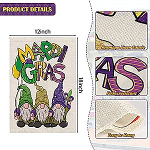 Happy Mardi Gras Garden Flag, 12x18 inch Set of 2 Double Sided Masquerade Beads Yard Flag, Mardi Gras Gnomes Yard Flag for Farmhouse Holiday Carnival Celebration Outside Decor