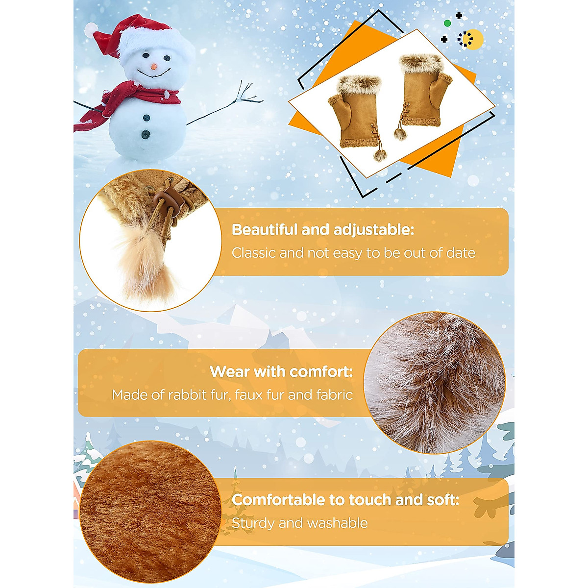 SATINIOR 6 Pairs Women Faux Rabbit Fur Gloves Fingerless Winter Gloves Mittens Warm Gloves Stretchy Hand Wrist Warmers (Classic Color)