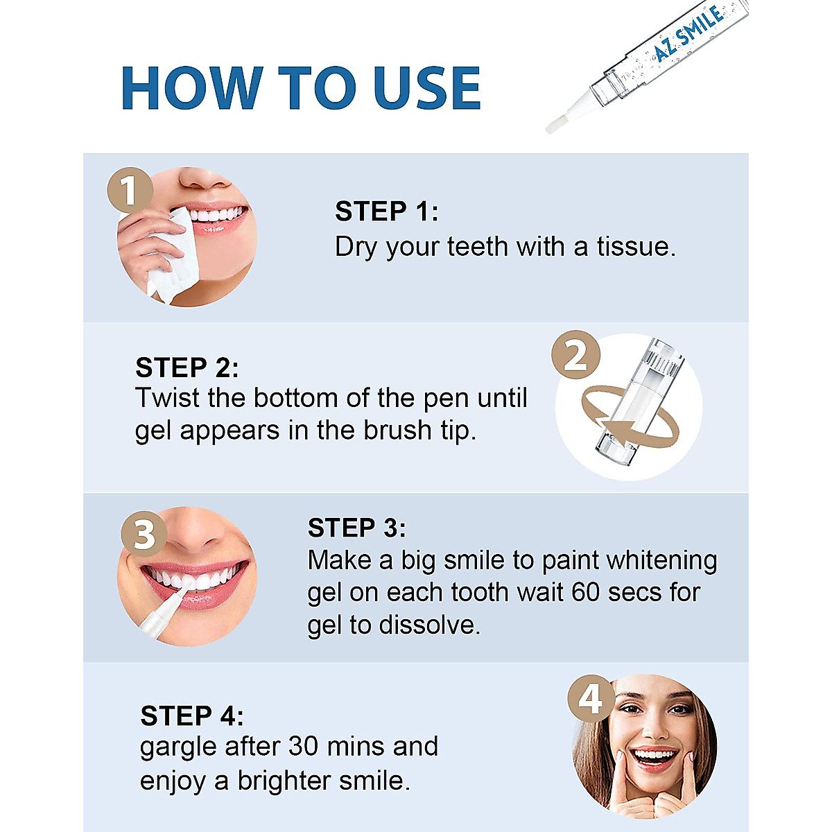 AZ Smile Teeth Whitening Pen (3 Pens), 30+ Treatments for teeth whitening No Sensitive Teeth Whitening Gel Travel-Friendly Teeth Whitener, Helps to Remove Stains from Soft Drink, Smoking, Coffee, Wine