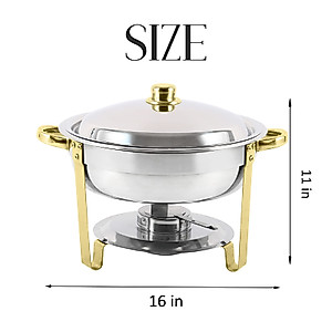 Restlrious Chafing Dish Buffet Set Round Stainless Steel 5QT Chafers and Buffet Warmers Sets for Catering, Complete Chafing Set with Water Pan, Food Pan, Fuel Holder and Lid in Gold Accents, 1 Pack
