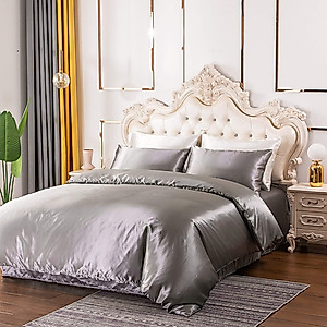 Vagasi Grey Duvet Cover Set Queen Size 3 Pieces - Comforter Cover Super Soft with 2 Pillow Shams - Satin Bedding Set Breathable & Smooth with Zipper Closure