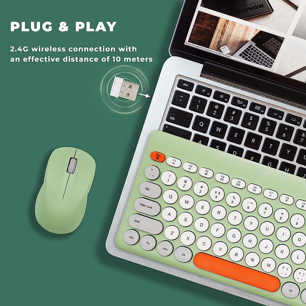 Wireless Keyboard and Mouse Combo 2.4G USB Cordless Keyboard with Number Pad,Quiet Click,Cute Round Key,Ultra Slim,Full Size for Computer Laptop PC Desktop Windows Mac,Sage Green