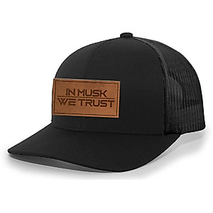 Heritage Pride in Musk We Trust Elon Laser Engraved Leather Patch Mesh Back Trucker Hat, Black/Black